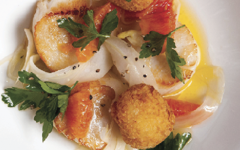 Dish of the day: Salt cod beignets with scallops and blood orange