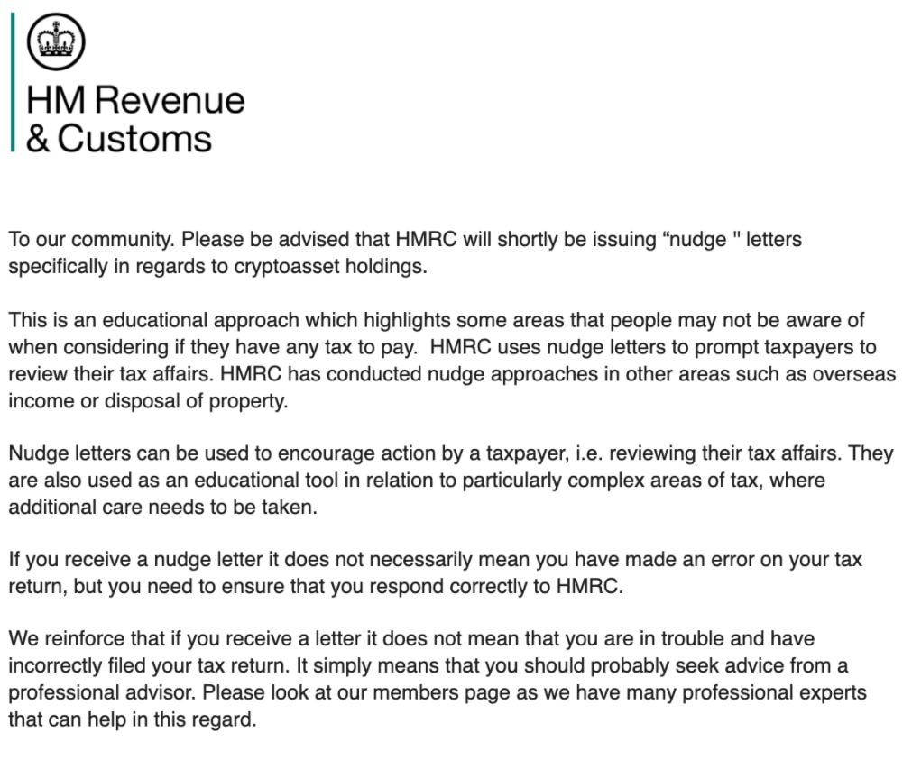 HMRC to issue 'nudge' letters targeting crypto asset owners across the UK