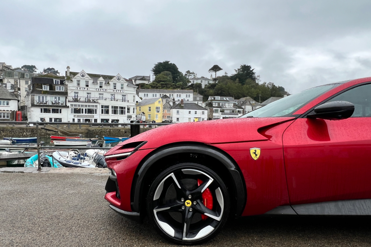 Driving a Ferrari Purosangue through sleepy St Mawes, Cornwall